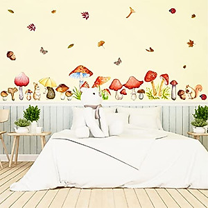 Watercolor Mushroom Wall Decals Woodland Mushroom Wall Decals Colorful Mushroom Wall Stickers Cute Cartoon Animal Wall Stickers Fall Leaf Autumn Wall Decals for Kids Room Bedroom Nursery Classroom Decor