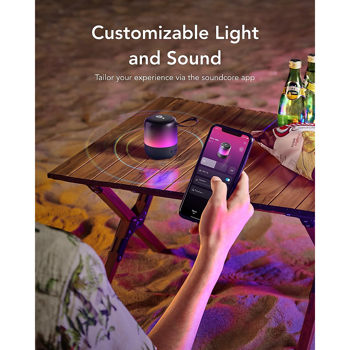 Soundcore Glow Mini Portable Speaker, Bluetooth Speaker with 360° Sound, Light Show, 12H Battery, Customizable EQ and Light, IP67 Waterproof and Dustproof, for Camping, Home, and Beach Parties
