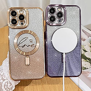 Fiyart Compatible with iPhone 14 Pro Max Case,Compatible with MagSafe Love Heart Plating Camera Protection Clear Phone Case, Magnetic Glitter for Women Girls Shockproof Back Bumper 6.7"-Purple