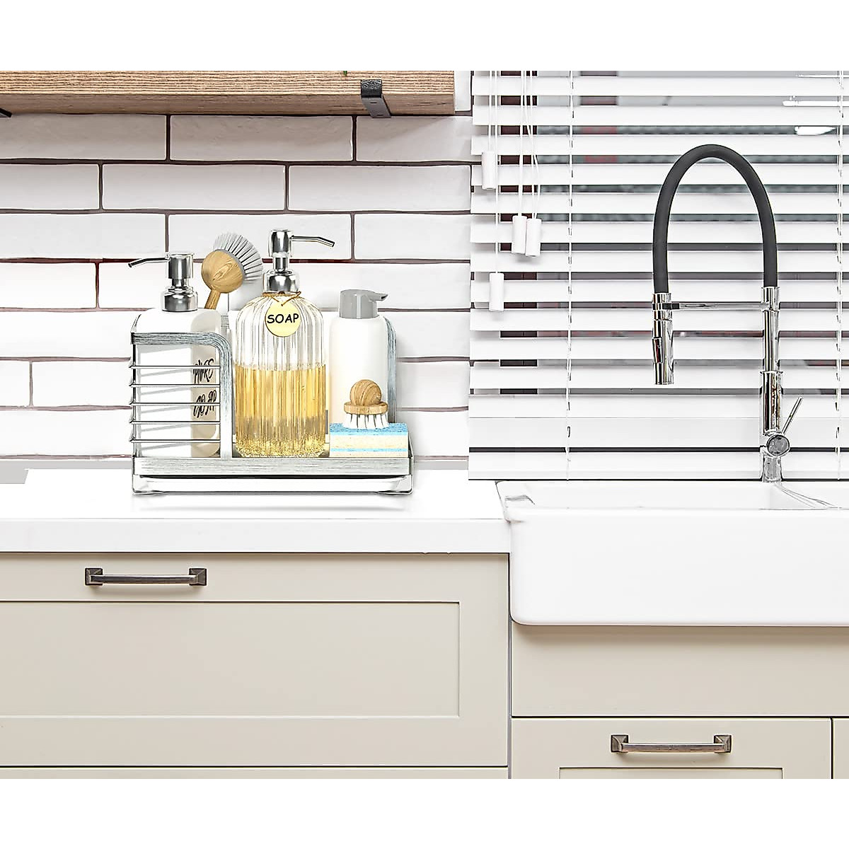 SUNESY Kitchen Sink Caddy for Holding Soap Dispensers & Sponge, Multifunctional Kitchen Sponge Holder with Removable Tray, Rustproof 304 Stainless Steel Kitchen Sink Organizer with Great Storage