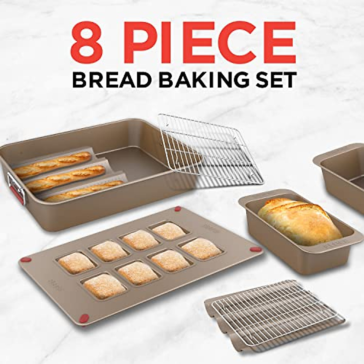 Elbee Home 8-Piece Nonstick Space Saving Bread Baking Pan Set - Includes Large Roasting Pan - Bread Loaf Pan - Baguette Pan - Cooling Rack - 8-Cavity Mini Loaf Pan Aluminized Steel - PFOA & PFOS Free
