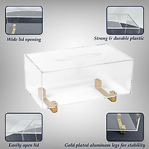 YoBa Thick Acrylic Tissue Box Holder Rectangular Clear Tissue Box Dispenser with Gold Plated Aluminum Legs for Bathroom, Kitchen, Bedroom, Office, Hotels and Restaurant