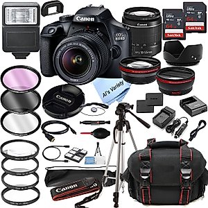Canon EOS 4000D (Rebel T100) DSLR Camera w/EF-S 18-55mm F/3.5-5.6 Zoom Lens + 128GB Memory + Case + Tripod + Filters (36pc Bundle)