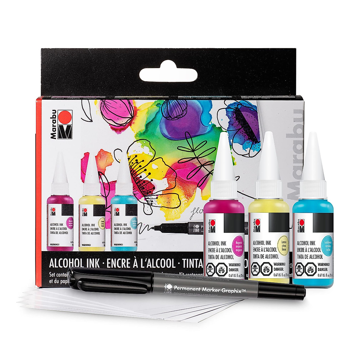 Marabu Alcohol Ink Starter Kit - 3 Color Alcohol Ink Set with Alcohol Ink Paper and Permanent Marker - Magenta, Lemon, Caribbean Alcohol Ink for Epoxy Resin, Tumbler Making, and Painting