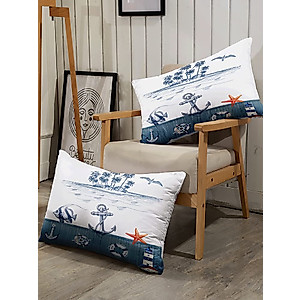 Suncloris Nautical Sailboat Comforter Set for Kids and Adults, Queen Size Anchor Rudder Themed Bedding Comforter with 2 Coastal Ocean Plant Patterned Pillowcases - 90"x90" (Queen, Dark Blue)
