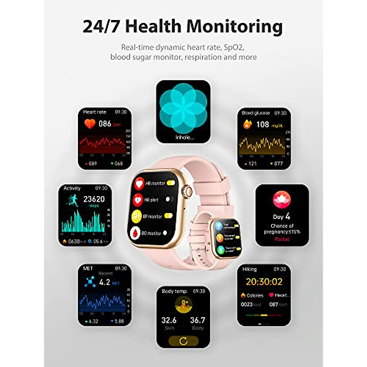 Zombazi 1.91'' Smart Watch for Women Men, Answer/Make Call, 50+ Sports Modes, Fitness Tracker with SpO2/Heart Rate/Sleep Monitor, Voice Assistant, Music and More, Smartwatch iPhone iOS Android (Pink)