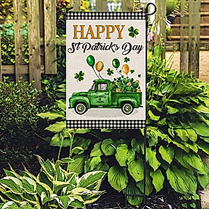 EKOREST Happy St Patrick's Day Garden Flag 12x18 Inch Vertical Double Sided,Buffalo Plaid Truck with Shamrock Balloons Small St. Patricks Day Yard Flag for Outdoor Farmhouse Holiday Outside Decoration