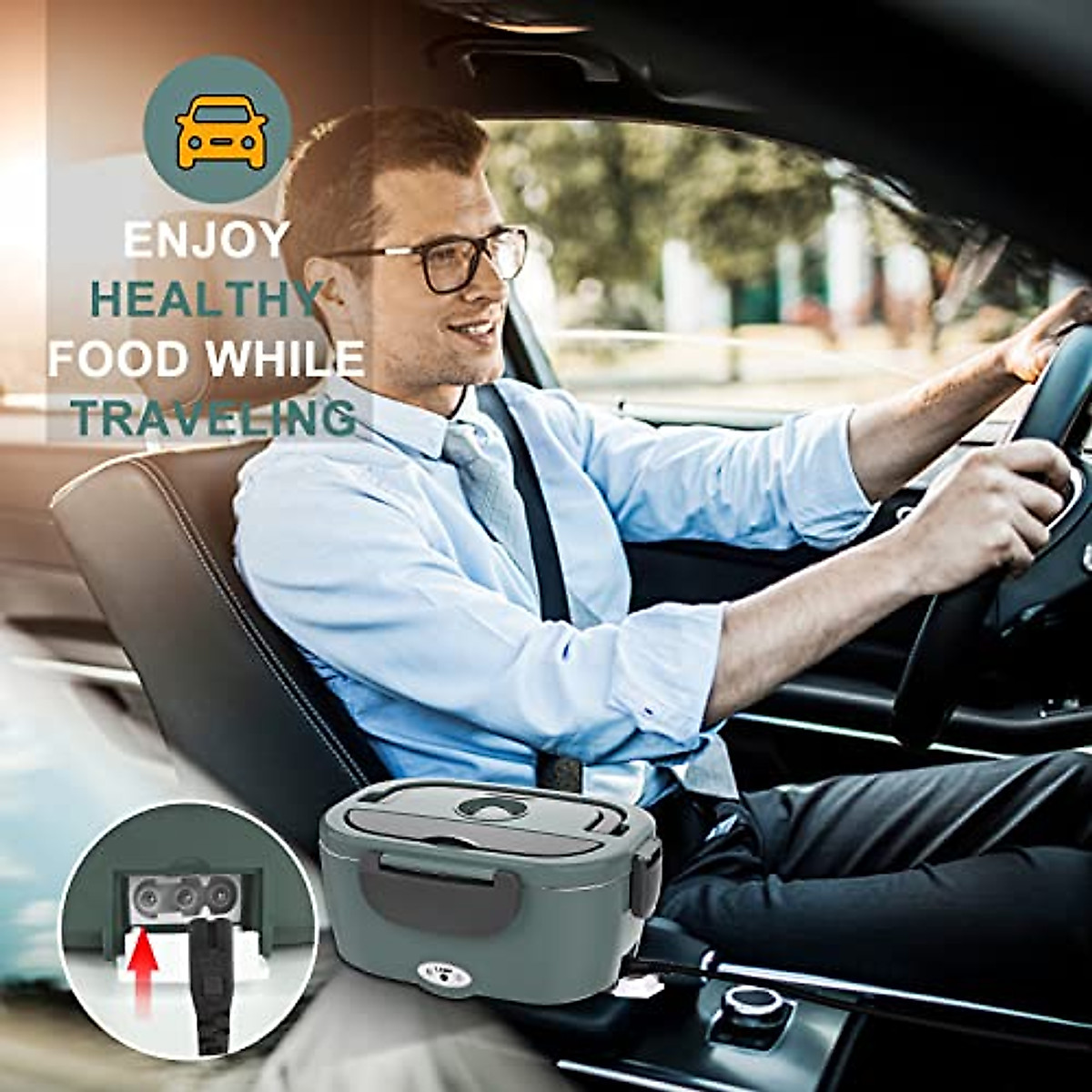 Monteka Electric Lunch Box Food Heater - Leakproof Portable Food Warmer heated lunch box for adults for Car/Home/Truck with 1.5L Removable Stainless Steel Container, 80W, 12V/24V/110V, Green