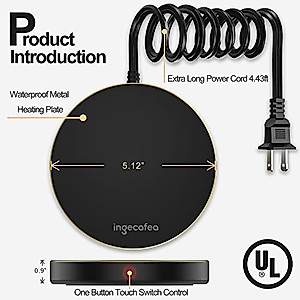 Coffee Mug Warmer for Desk Auto Shut Off, Ingecafea Coffee Cup Warmer for Desk Use 4 Temperature Settings & 4 Hours Auto Shut Off Large Heated Hot Plate for Beverage Tea Coffee Milk (Round)