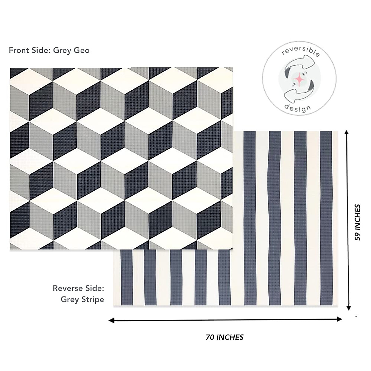 Large Waterproof Thick Padded Foam Baby Play Mat for Infants, Babies, Toddlers - for Play, Crawling & Tummy Time - 70 x 59 in. - Reversible, Double-Sided, Non-Toxic, Non-Slip Playmat - Grey Geo/Stripe