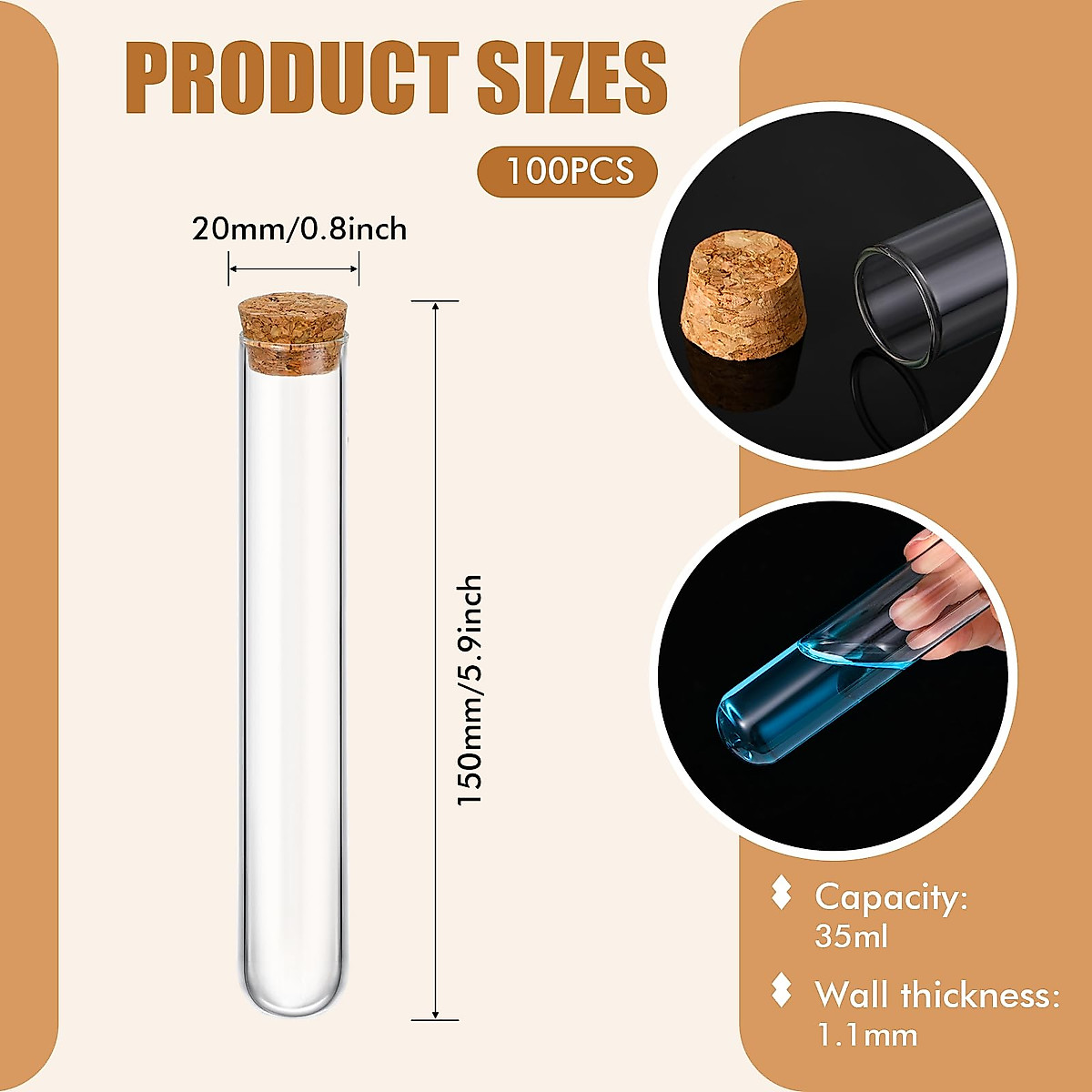 Thyle 100PCS Glass Test Tubes with Cork Clear Stoppers Round Bottom Lab Test Alcohol Tampons Glass Tubes Container Vials for Plants Scientific Experiments Candy Storage Party Favors (20x150mm/35ml)