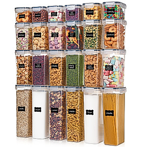 Airtight Food Storage Containers with Lids, Vtopmart 24 pcs Plastic Kitchen and Pantry Organization Canisters for Cereal, Dry Food, Flour and Sugar, BPA Free, Includes 24 Labels