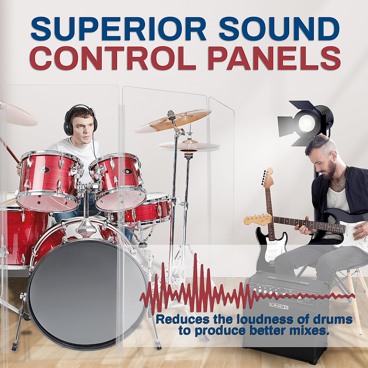 PENNZONI Drum Shield 5ft w/Living Hinges, Comes w/ 5 Drum Panels & Living Hinges, Premium Clear Acrylic Panels, Drum Screen