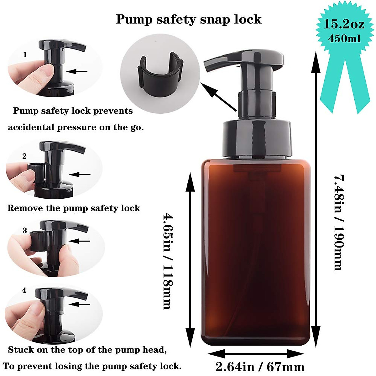 2 Pack Foaming Soap Dispenser 15oz Refillable Foam Liquid Hand Soap Empty Plastic Pump Bottle Container for Bathroom Vanities, Kitchen Sink, Hospital, Clinic, Amber Brown 450ml