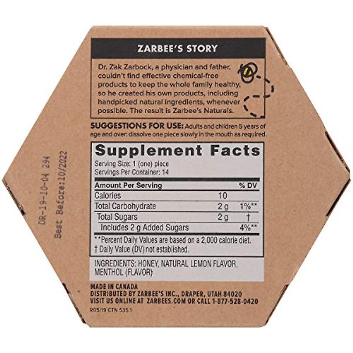 Zarbee's Naturals 99% Honey Cough Soothers, Lemon Flavor, 14 Count