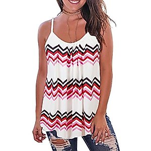 Kaei&Shi Print Long Vest,Flowy Tank Top for Women,Pleated Dressy Loose Cami,Swing Spaghetti Strap Camisole 2X 2XL Plus Size Zigzag White XX-Large