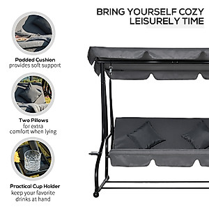Outsunny 3-Seat Outdoor Patio Swing Chair, Converting Flatbed, Outdoor Swing Glider with Adjustable Canopy, Removable Cushion and Pillows, for Porch, Garden, Poolside, Backyard, Gray
