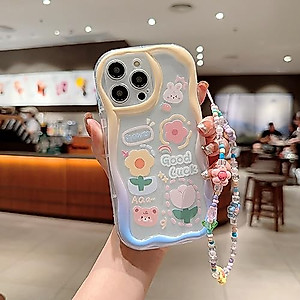 ZSYTZL Compatible with iPhone 13 Pro Max Case Cute Clear Floral Pattern for Design Aesthetic Women Teen Girls with Flower Colorful Bracelet Chain Kawaii Protective Phone Case for iPhone 13 Pro Max