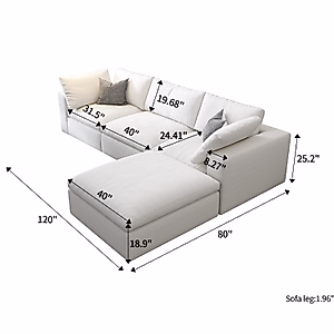 Cloud Modular Sectional Sofa with Storage Ottoman, 120" Down Filled Comfort L Shaped Couch Modular Sectional Couch, Modern Deep Sofa Couches for Living Room Office Apartment (3 Seater+1 Ottoman，White)