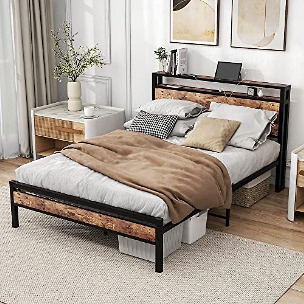 BOFENG Full Size Bed Frame with Storage Headboard/Charging Station,Heavy Duty Metal Platform Bed Frame Full,Reinforced Steel Slats Support, No Box Spring Needed/Easy Assembly/Noise Free/Rustic Brown
