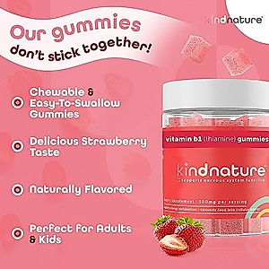 Kind Nature Vitamin B1 Gummies - Chewable Thiamine 500mg per Serving - Formulated for B1 Vitamin Deficiency - Non GMO, Vegan, Natural Strawberry Flavor Thiamine B1 Supplement for Adults & Kids