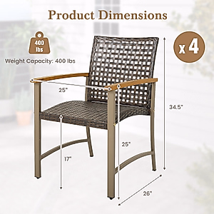 Tangkula Patio Dining Chairs Set of 4, Outdoor PE Wicker & Heavy-Duty Metal Chairs with Acacia Wood Armrests, Outdoor Rattan Armchairs for Garden, Backyard, Poolside, Balcony (Mix Brown)