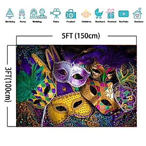 Masquerade Backdrops Purple Gold Glitter Beads Mask Carnival Photography Backdrop Vinyl 5x3ft Fiesta Mardi Gras Dance Photo Background Birthday Party Photo Booths Props Decorations Supplies