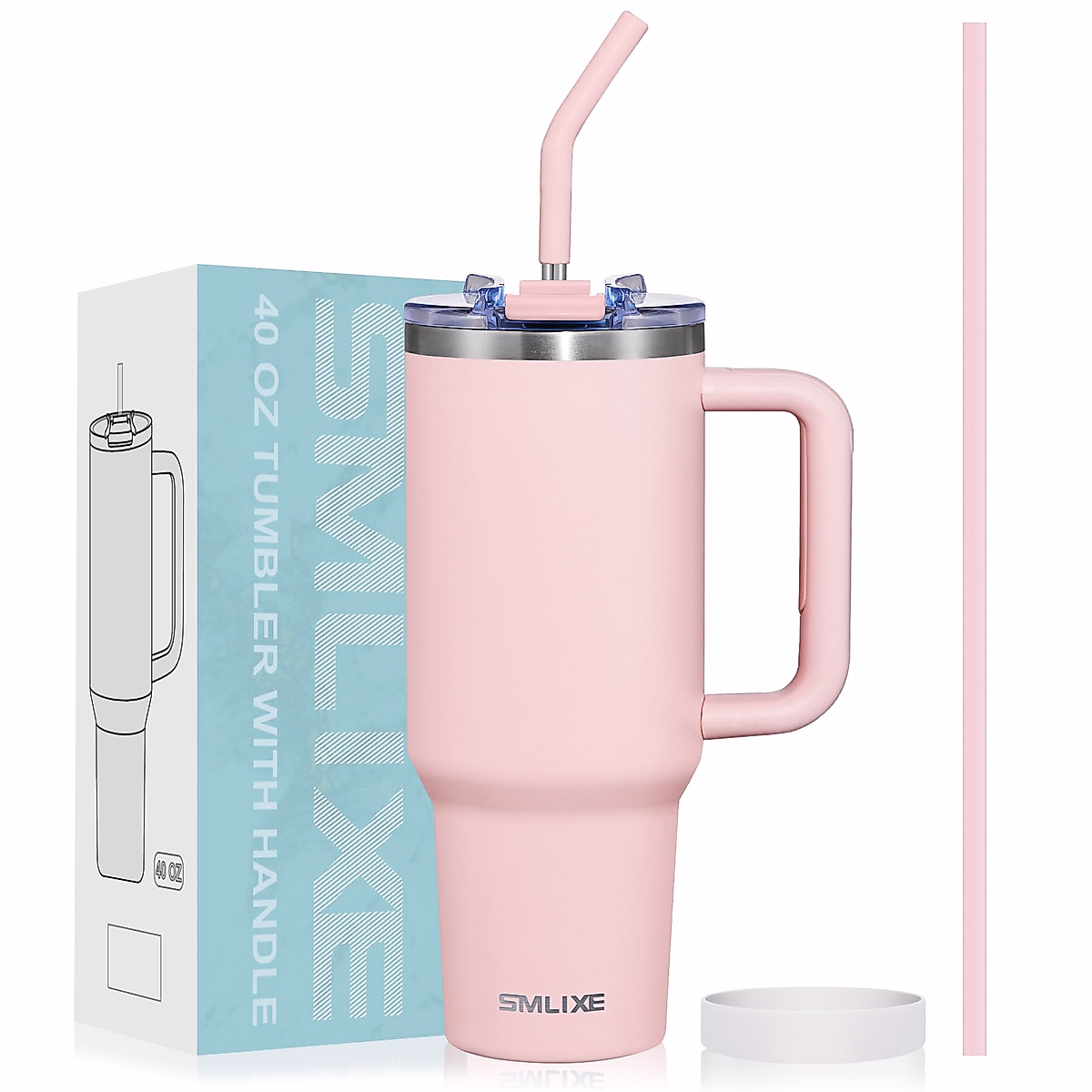 SMLIXE 40 oz Tumbler with Handle and Straw Lid,Insulated Reusable Stainless Steel Water Bottle Travel Mug，Cupholder Friendly Double Wall Vacuum Sealed Cup (Pink)