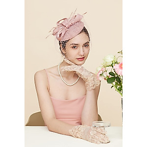 Gionforsy Pillbox Fascinator Veil Feather Derby Hat Lace Gloves Pearl Necklace (Style 8-Pink)