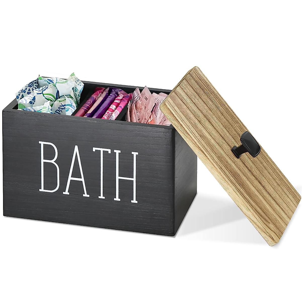 Rustic Tampon Storage Container for Bathroom, Decorative Bathroom Countertop Organizer Storage Box Tampons Organizer Holder, Wood 3 Compartments Cotton Swab Ball Qtip Container with Lid