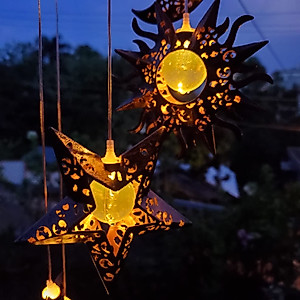 Tryme Solar Powered Wind Chimes with Sun Moon Star Warm LED Windchimes Hanging Outdoor Lights Unique Decor Gifts for Wife Mom Grandma Neighbors