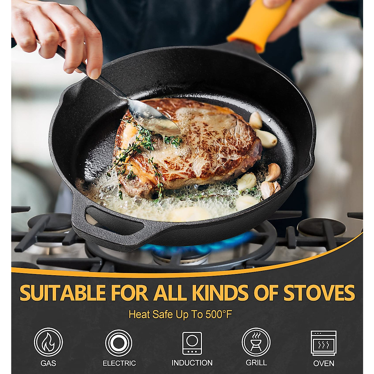 MICHELANGELO Cast Iron Skillet, 12 Inch Cast Iron Skillet With Lid, Preseasoned Large Skillet Oven Safe, Iron Skillets for Cooking with Silicone Handle & Scrapers - 12 Inch