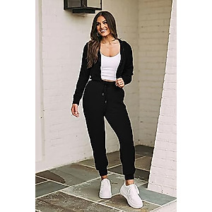 MASCOMODA 2 Piece Outfits for Women 2023 Fall Hoodie Sweatshirt Tracksuit and Sweatpants Workout Sets with Pockets (Black, Large)