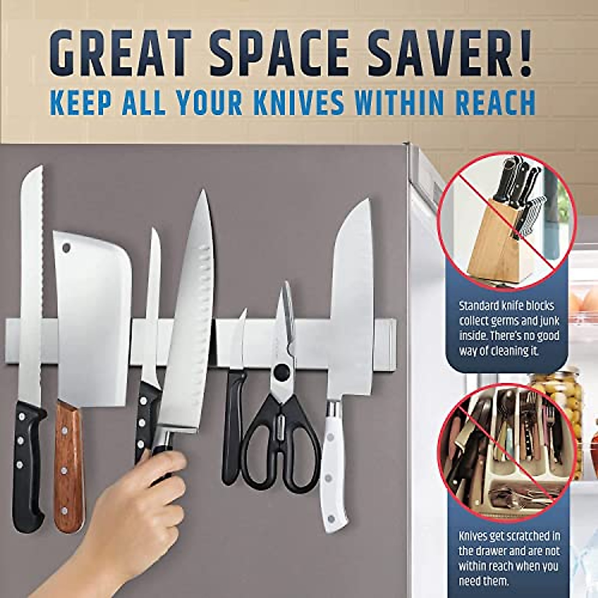 Premium Magnetic Knife Holder for Refrigerator that Doesn't Slide – 17 Inch Professional Double Sided Knife Strip for Fridge - Knife Rack/Knife Bar With Powerful Magnetic Pull Force (Upgraded Version)