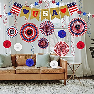 OEAGO 4th of July Decorations Decor Patriotic Memorial Day Decorations Red White Blue Paper Fans Love USA Banner Flower Balls Pom Poms Hanging Swirls Star Streamer Independence Flag Day Party for home