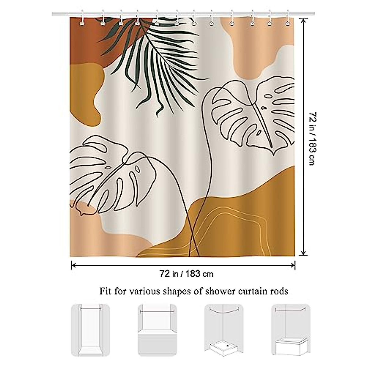 Bonhause Abstract Boho Leaf Shower Curtain Mid Century Modern Minimalist Art Decorative Bath Curtain 72 x 72 Inch Polyester Fabric Waterproof Bathroom Curtain with 12 Hooks