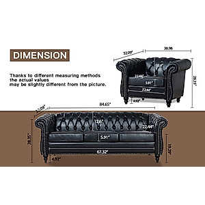 Chesterfield Sofa 2 Piece Set, Modern Black Faux Leather 3 Seater Couches and Sofa Chairs, Upholstered Tufted Button,Scroll Arms and Nailhead Trim, Sectional Sofa Set for Living Room Office Bedroom