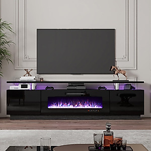 LUXOAK 80" Fireplace TV Stand, Modern High Gloss Finish Media Console with 40" Electric Fireplace, Open Storage Entertainment Center for TVs Up to 90" with LED Lights, Black