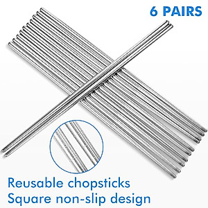 6Pairs Chopsticks Stainless Steel Chopsticks Metal Silver Chopsticks Metal Chopsticks Reusable Dishwasher Silver Reusable Chopsticks Japanese Korean Chinese Chopstick for Dinner Lightweight Non-Slip