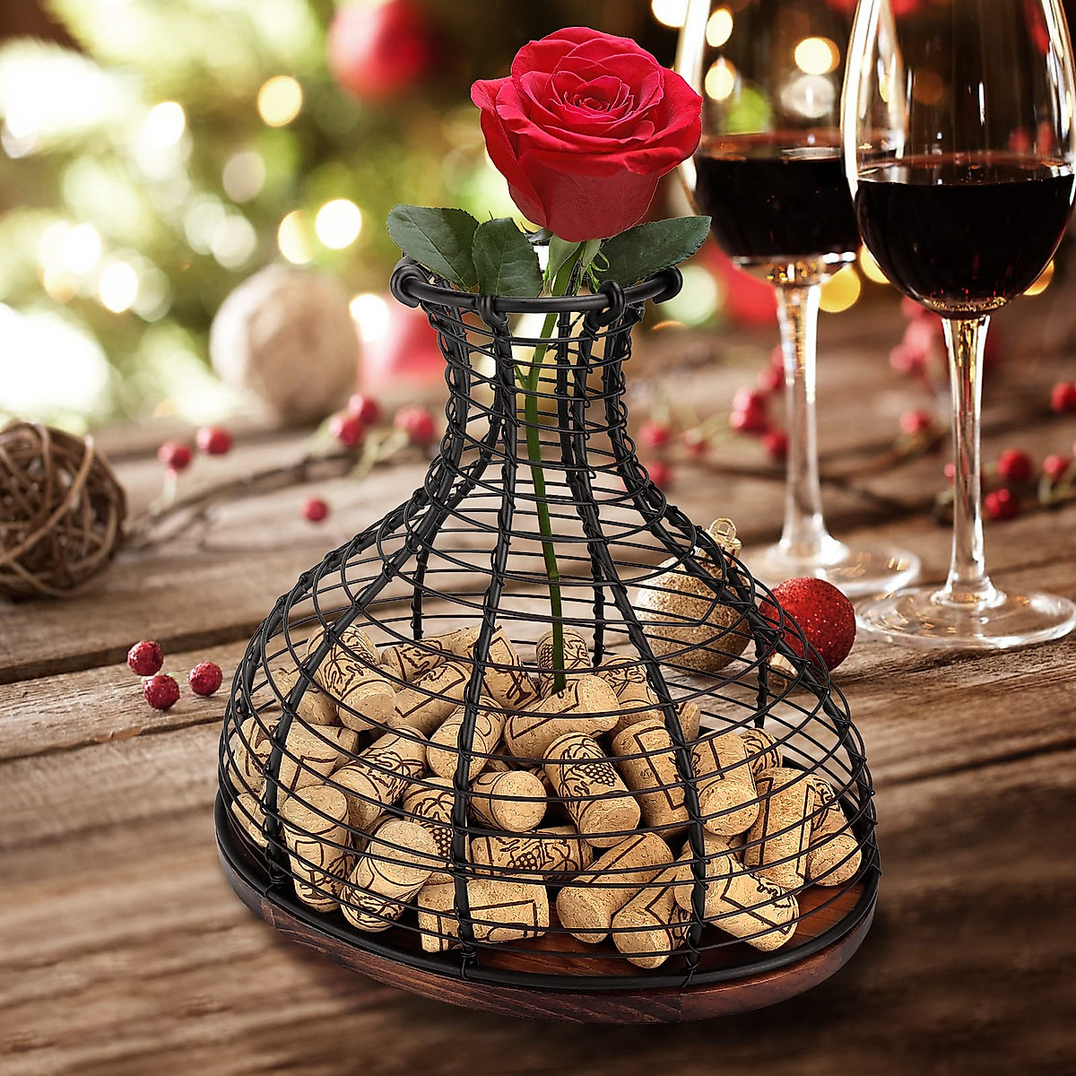 IEBIYO Wine Cork Container Wine Stopper Holder Black Wine Cork Storage with Wooden Bottom Cork Collector Cage Wine Lover Gift Kitchen Decor (Bronze Black)