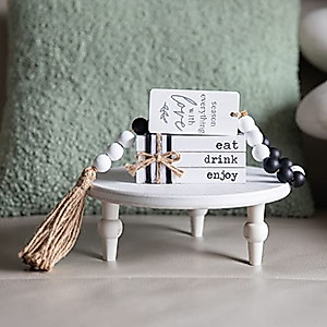 GENMOUS Farmhouse Decorative Round Wood Risers For Decor, White Wood Pedestal Stand With Wood Book Stacks and Garland For Rustic Accent Centerpiece Display in Kitchen/Bathroom/Dining/Living Room