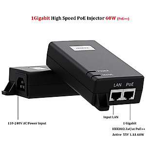 PROCET Gigabit 60W PoE Injector IEEE802.3BT/ PoE++ Compliant Power Injector 2KV AC Surge Protection for IP Camera, Access Point Long Range Transmission, PT-PSE106GW