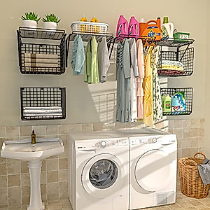 2 Pack Laundry Room Shelves Wall Mounted with Wire Baskets, Over the Washer and Dryer Shelf with Clothes Drying Rack, 8 Hooks, Wire Shelves Baskets for Laundry Closet Organization and Storage, Black