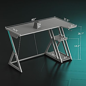 CubiCubi Aurora Gaming Desk with Carbon Fiber Surface, 40 Inch L Shaped Desk with Storage Shelves, Small Corner Computer Desk with Monitor Shelf, Gamer Desk PC Table, Grey
