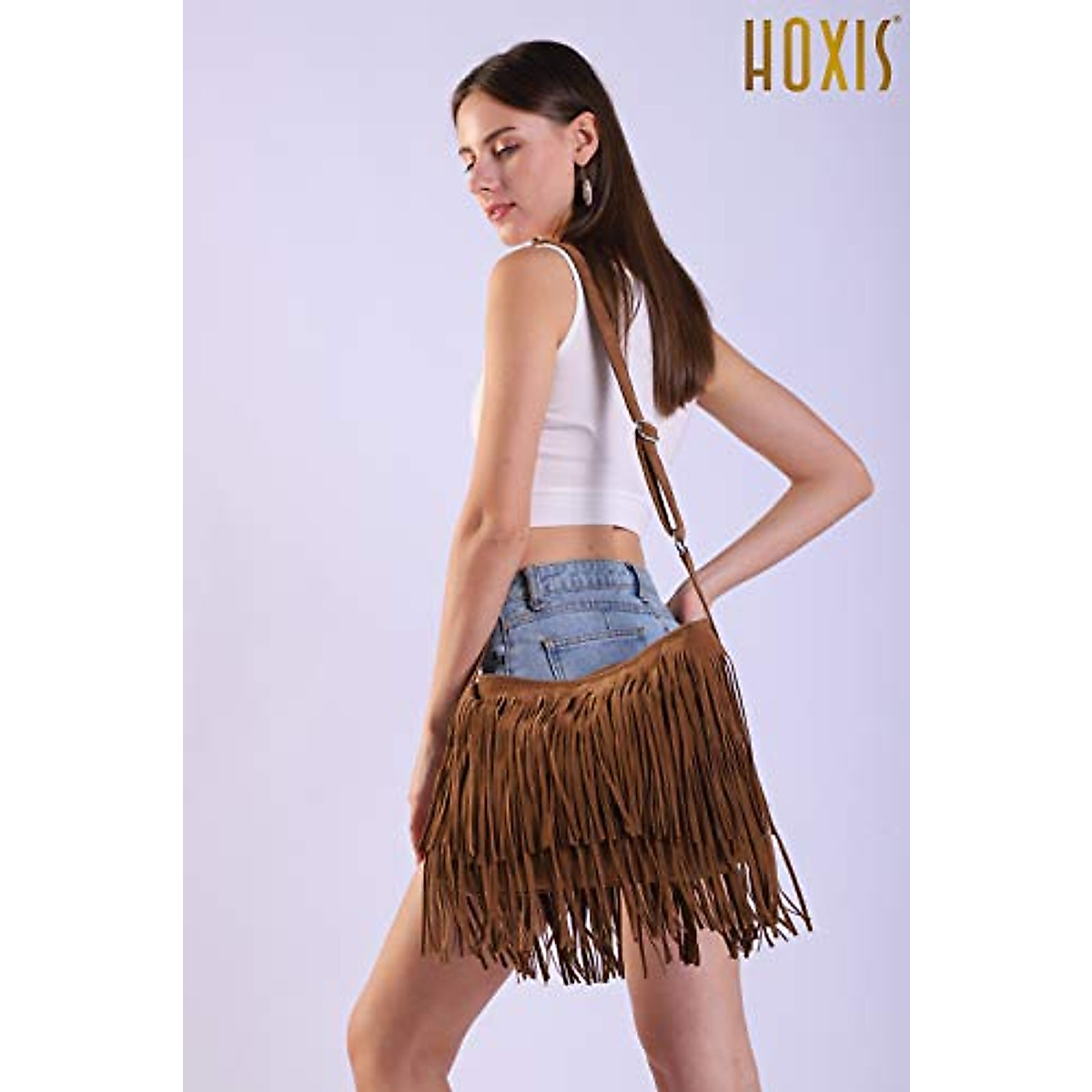 HOXIS Tassel Faux Suede Leather Hobo Cross Body Shoulder Bag Womens Sling Bag (Black1)