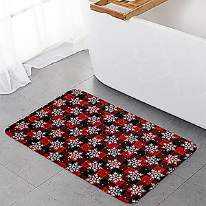 Christmas Bath Rugs White Snowflake Sponge Doormat Absorbent Non Slip Backing Durable Soft Flannel Mat Red Buffalo Plaid Checkered Christmas Memory Foam Mats Carpet for Bathroom Kitchen 16 x 24 inches