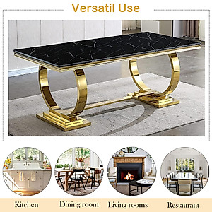 70" Marble Dining Table for 6-8, Luxury Gold Kitchen Table, Mid-Century Modern Black Fuax Marble Dining Room Table with Stainless Steel Pedestal, Large Dining Table for Kitchen Dining Office