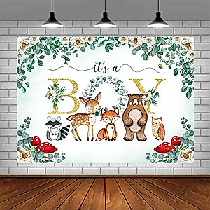 AIBIIN 7x5ft Woodland Baby Shower Backdrop It's A Boy Green Leaves Bear Foxes Owl Photography Background Baby Shower Party Decorations Banner Photo Studio Props