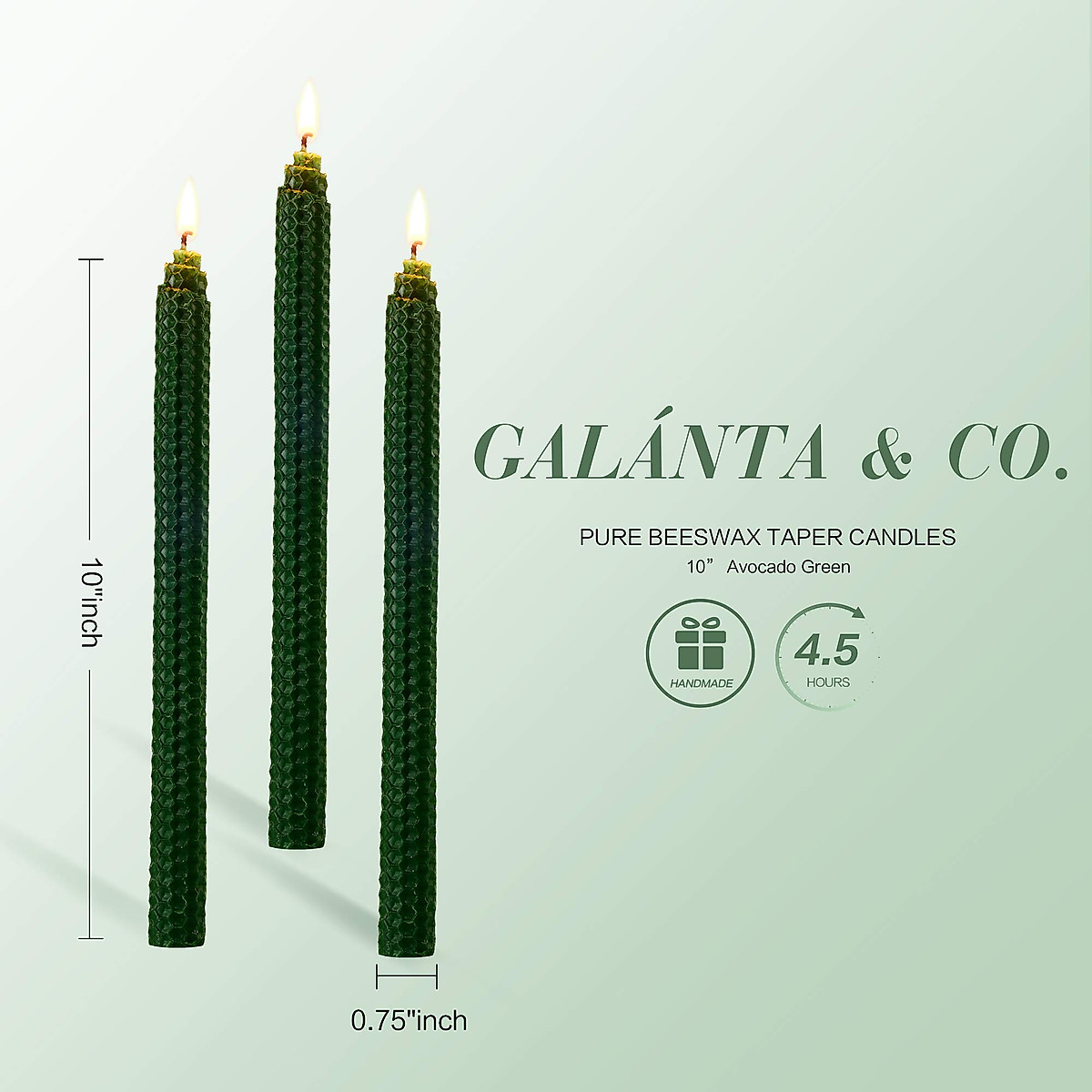 100% Pure Beeswax Handmade Taper Candles (Avocado Green) - 8 Inch Smokeless Dripless Pair - Natural Subtle Honey Smell - Elegant Honeycomb Design - by Galanta & Co.