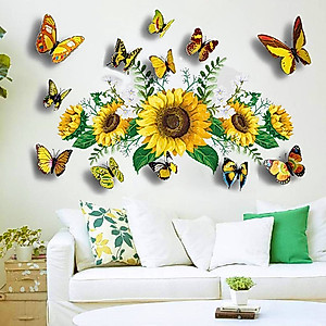 Sunflower Wall Stickers with 3D Butterfly Wall Sticker, Yellow Flowers Wall Decal,SPRT Waterproof and Removable, Sunflower Wall Stickers,Wall Stickers for Bedroom Living Room Bathroom Decor